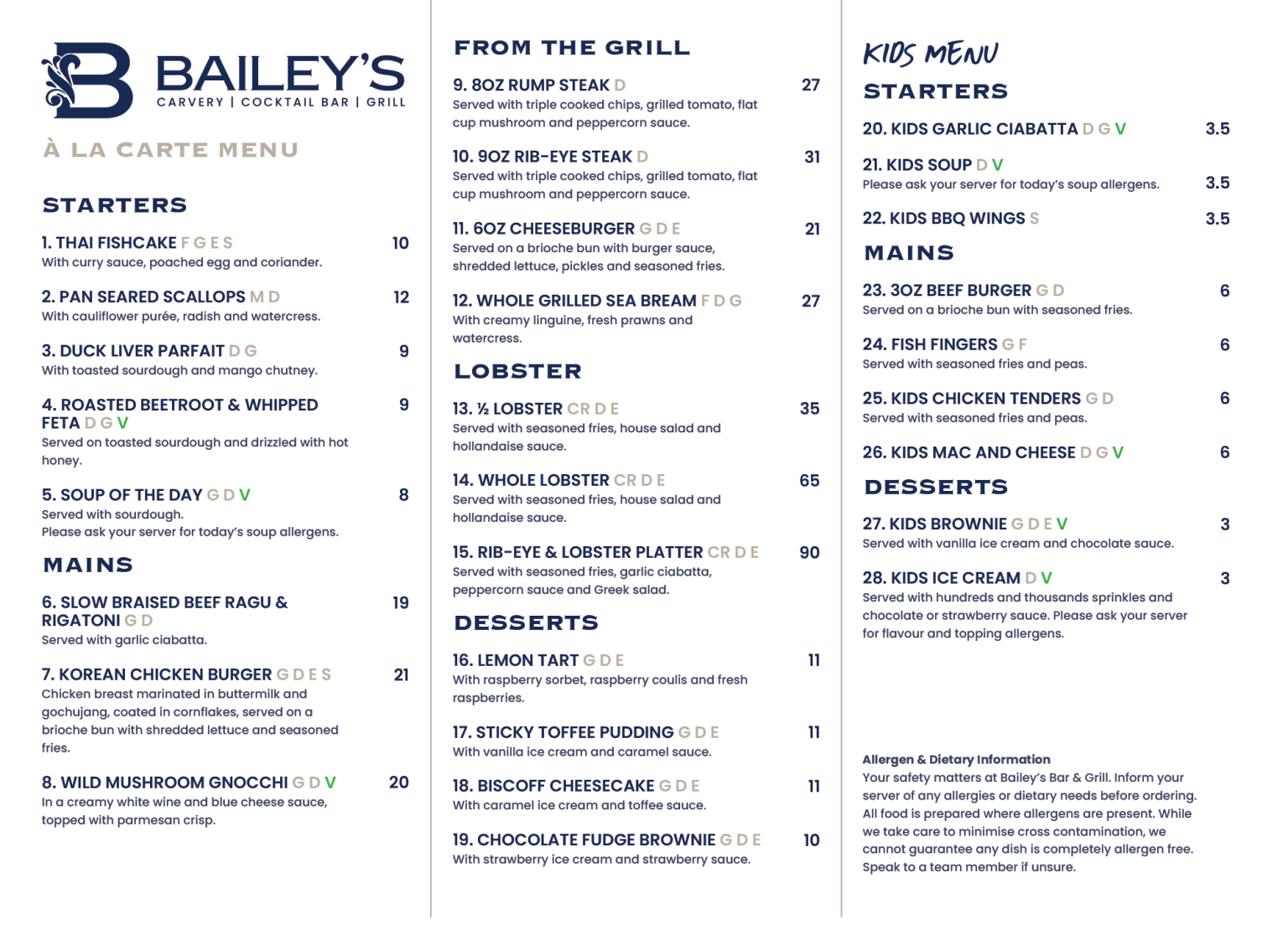 Menu - Baileys Bar and Grill (Nuneaton)